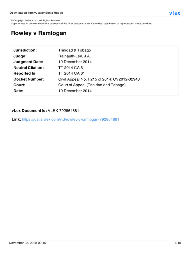 Rowley V Ramlogan Trinidad and Tobago Case Law | PDF | Appeal ...