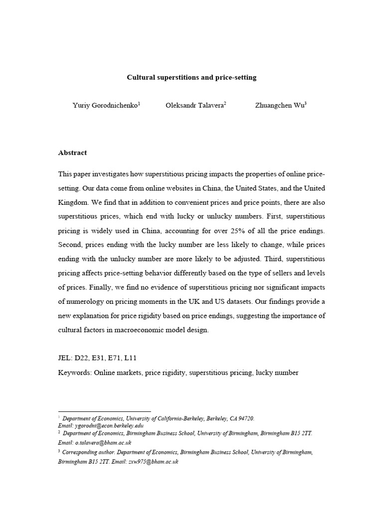 Cultural Superstitions and Price-setting | PDF | Nominal Rigidity | New ...