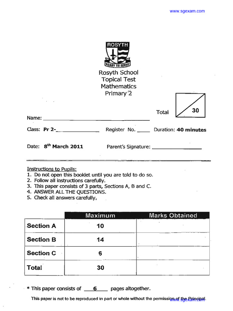 2011-P2-Maths-CA1-Rosyth SG Exam Free Test Papers | PDF