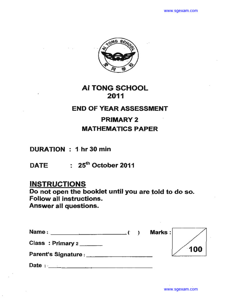 2011-P2-Maths-SA2-Ai Tong SG Exam Free Test Papers | PDF
