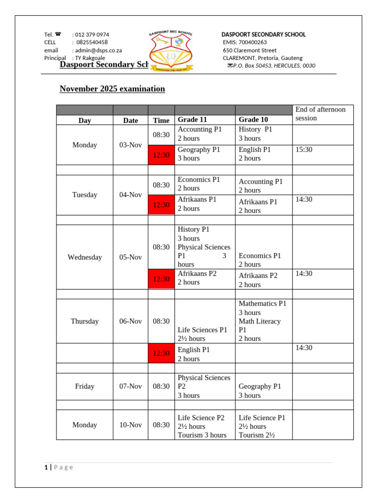 Daspoort Secondary School Exam Schedule | PDF