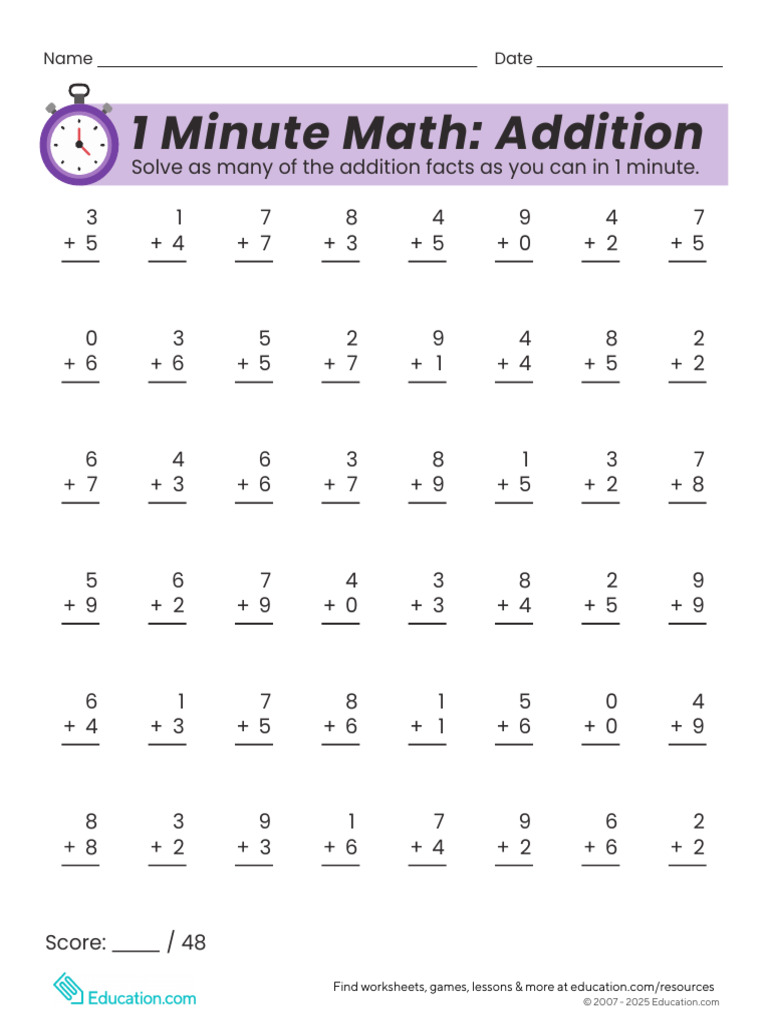 1-Minute Addition Math Challenge | PDF