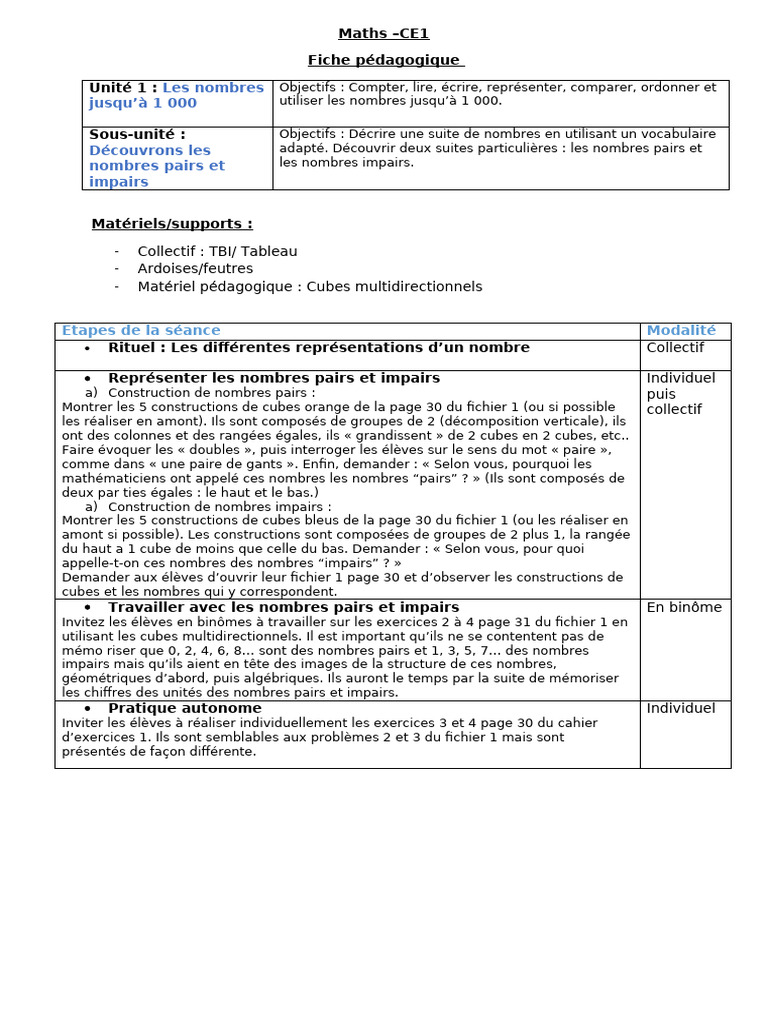 Unité 1 - Découvrons Les Nombres Pairs Et Impairs | PDF | Mathématiques