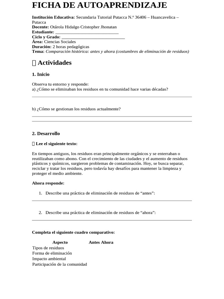 Ficha de Autoaprendizaje Elimincion de Residuos | PDF
