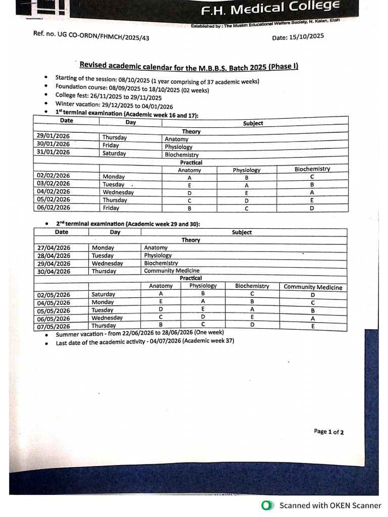 Revised Academic Calendar For The MBBS Batch 2025 Phase I | PDF