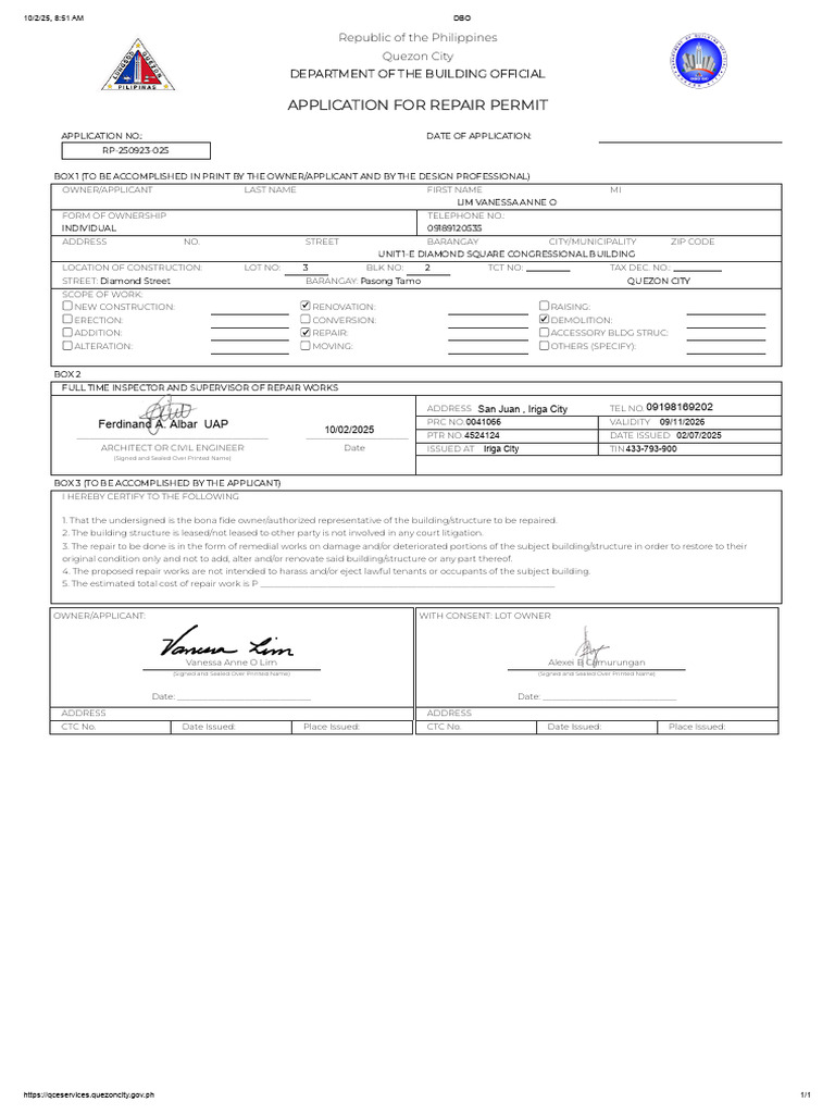 QC E-Services-Application Form For Renovation Permit | PDF