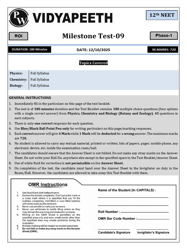 68ec86f76857a6fee8909cbb - ## - Milestone Test - 09 Test Paper | PDF ...
