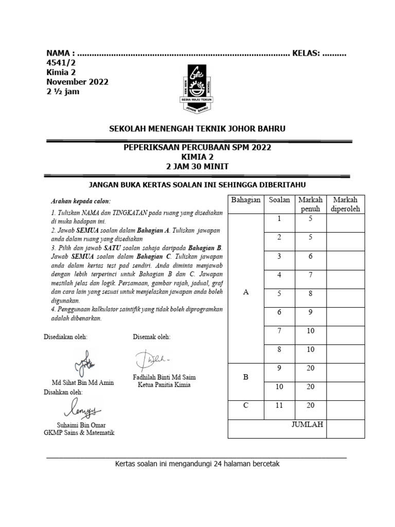 Trial SPM Kimia k2 2022 + Skema | PDF