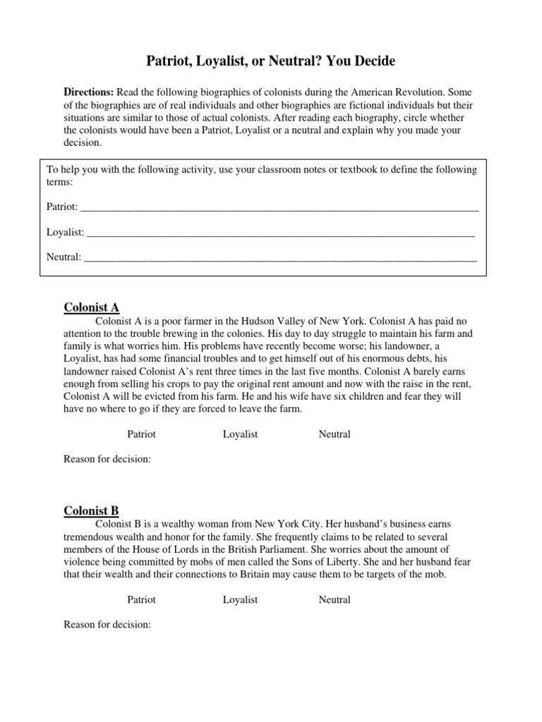 Patriot Loyalist or Neutral | PDF | Patriot (American Revolution ...