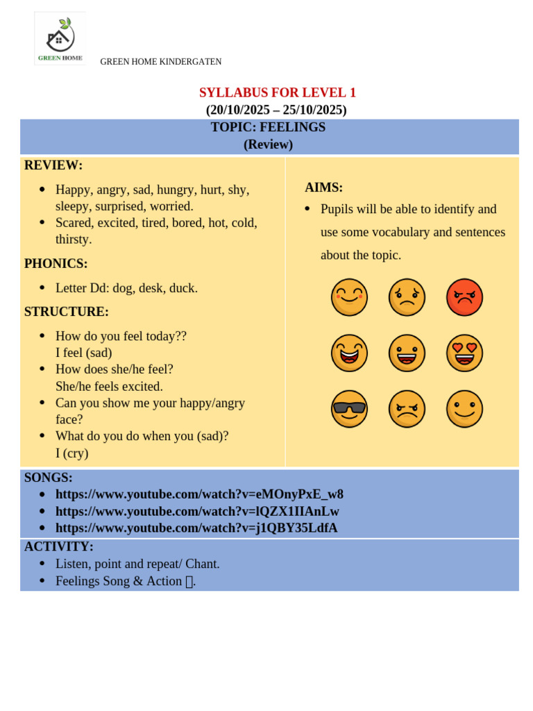 Level 1 Feelings Syllabus 2025 | PDF