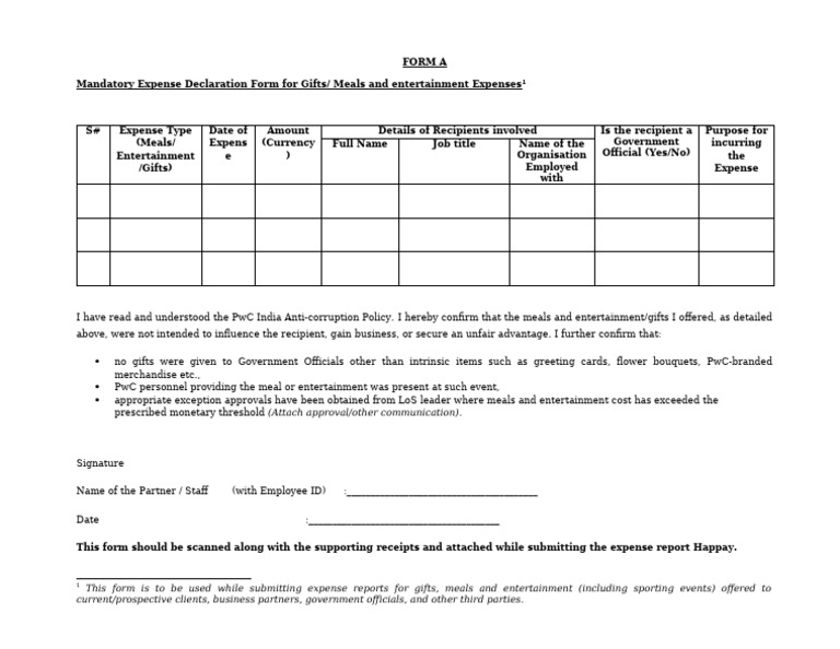 Form A Expense Declaration | PDF