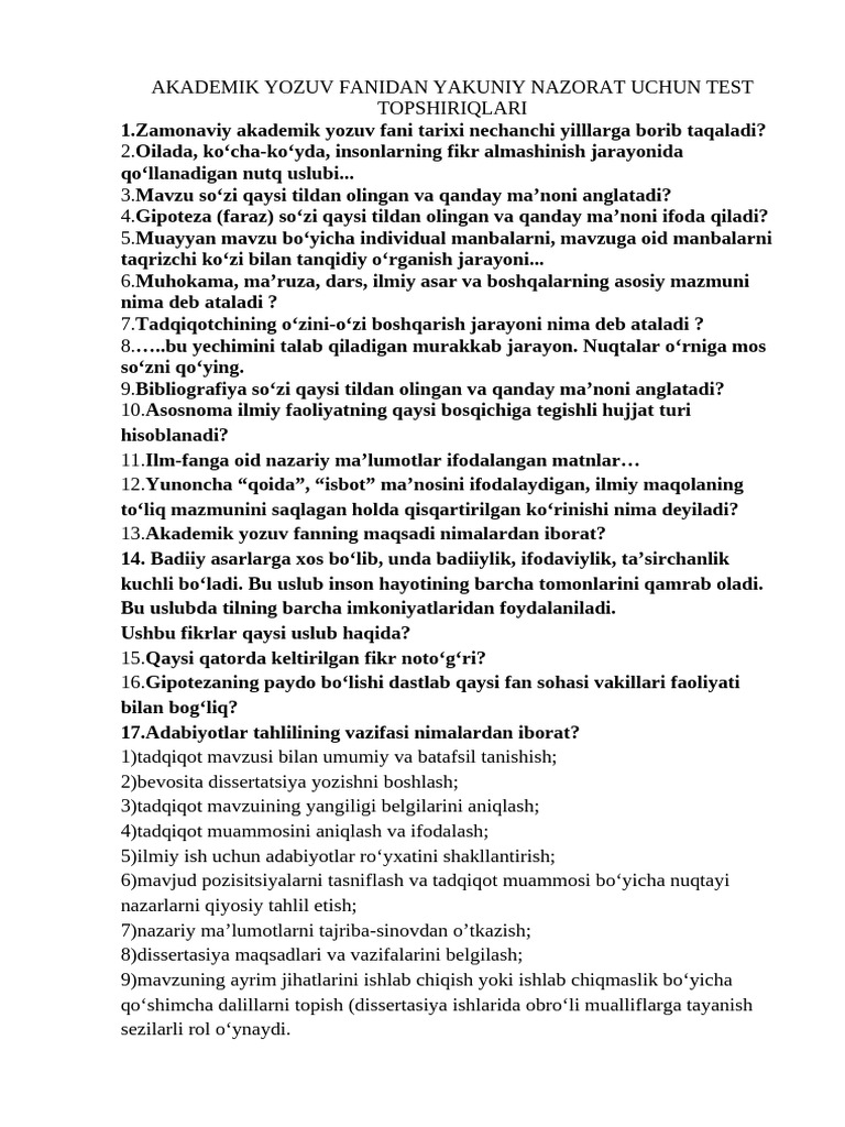 AKADEMKI YOZUV FANIDAN Yakuniy Savollar Talabalarga | PDF