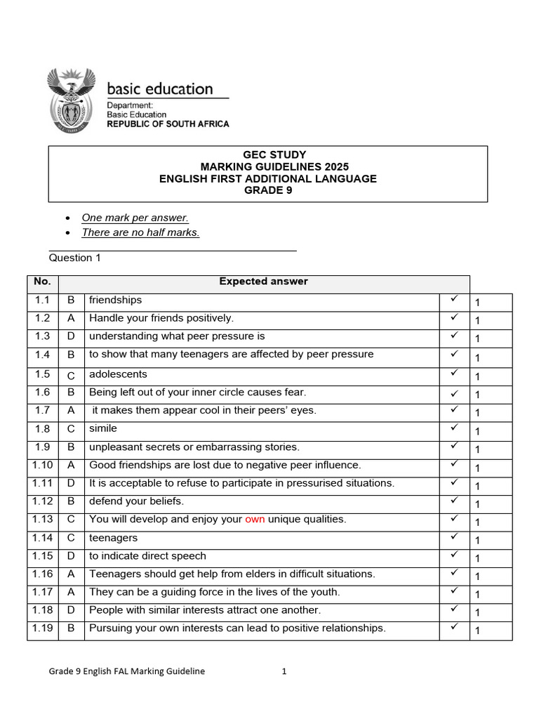 Grade 9 English FAL Marking Guide | PDF | Adolescence | Social Psychology
