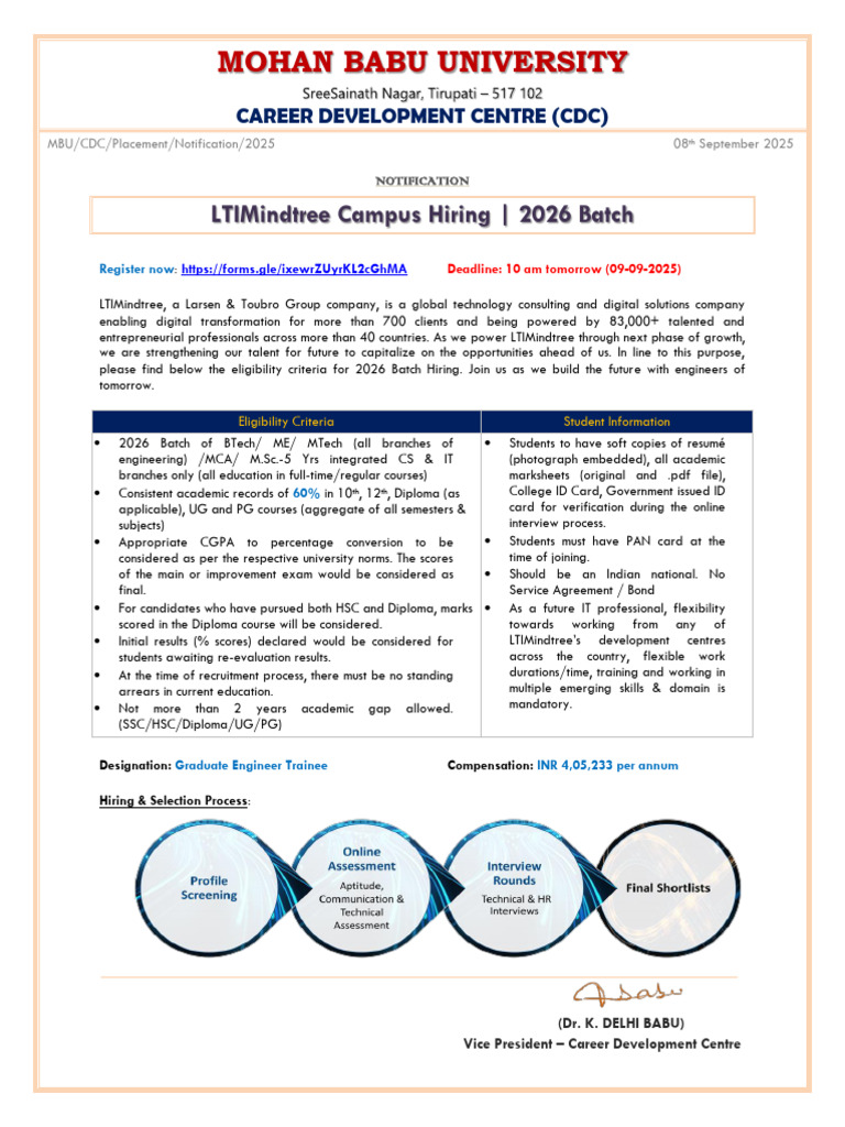 LTIMindtree Campus Hiring - 2026 Batch - Notification | PDF | Educational Stages | Qualifications