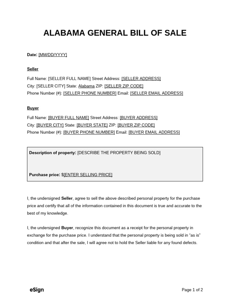 Alabama General Bill of Sale Template | PDF | Sales | Notary Public