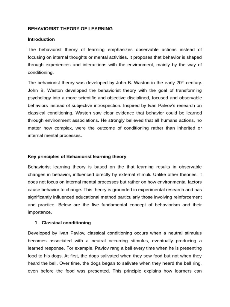 Behaviorist Theory of Learning - 083328 | PDF | Behaviorism | Learning
