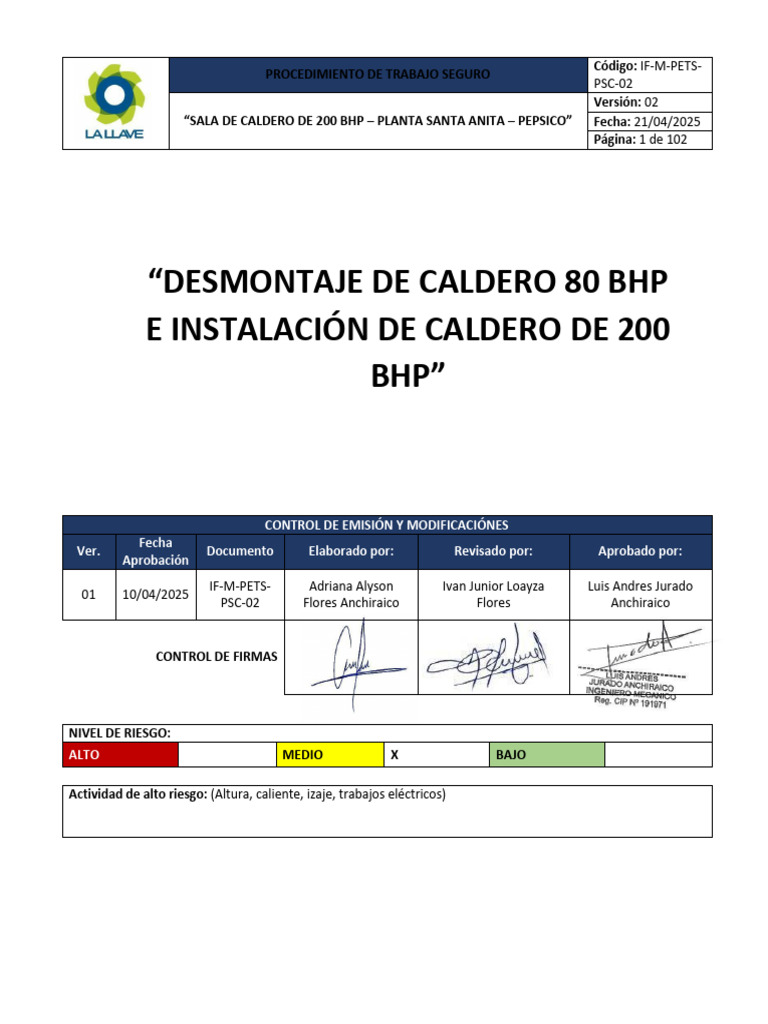 Pets Desmontaje de Caldero 80 Bhp e Instalación de Caldero de 200 Bhp (v003) | PDF | Seguridad y ...