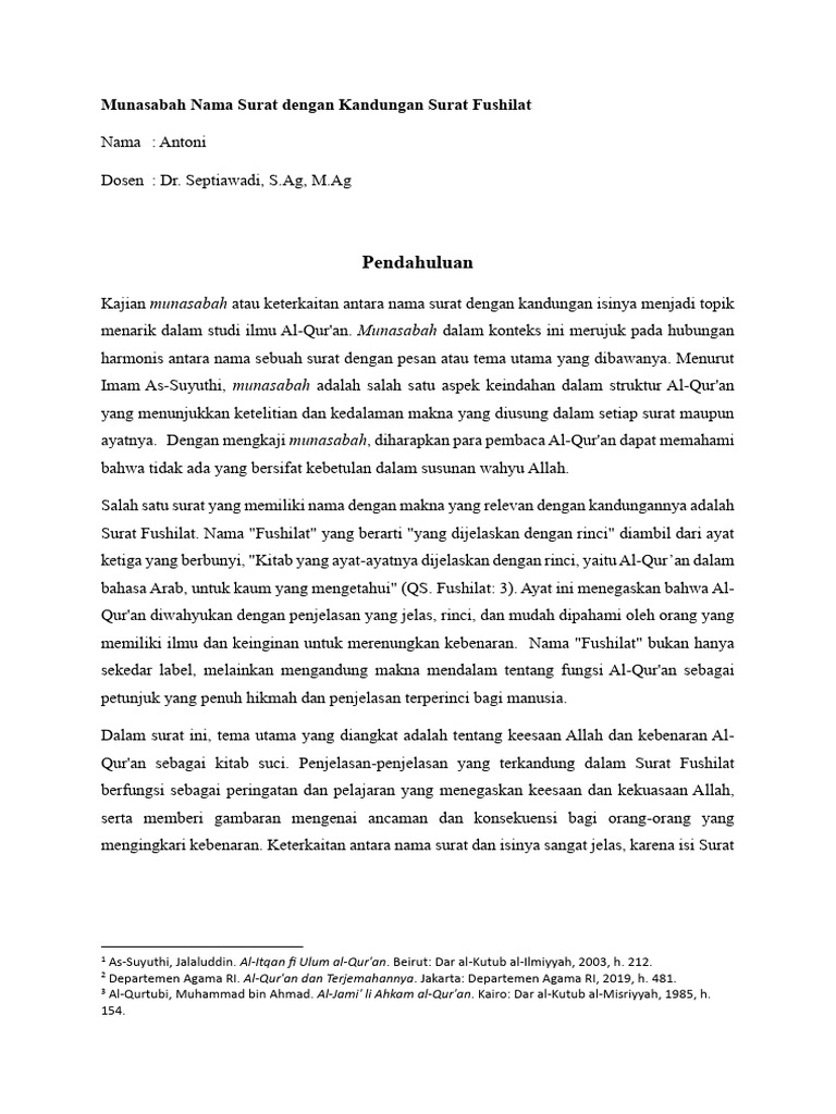 UTS Munasabah Nama Surat Dengan Kandungan Surat Fushilat Antoni | PDF