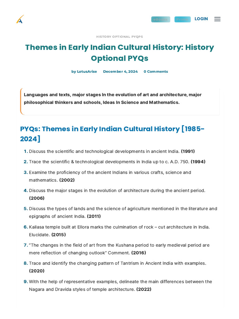 Early Indian Cultural History PYQs | PDF