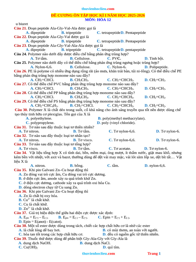 Thuvienhoclieu.com de Cuong on Tap Cuoi HK1 HOA 12 KNTT 25 26 | PDF