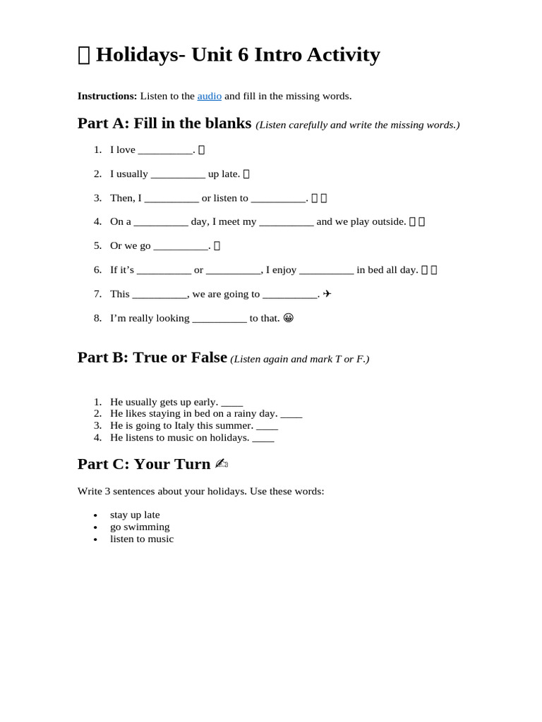 Unit 6 Listening Intro Activity Worksheet | PDF