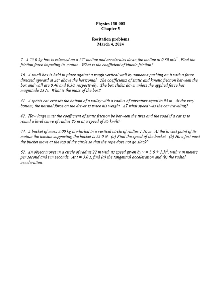 Physics 130 Recitation Problems Solutions | PDF | Force | Friction