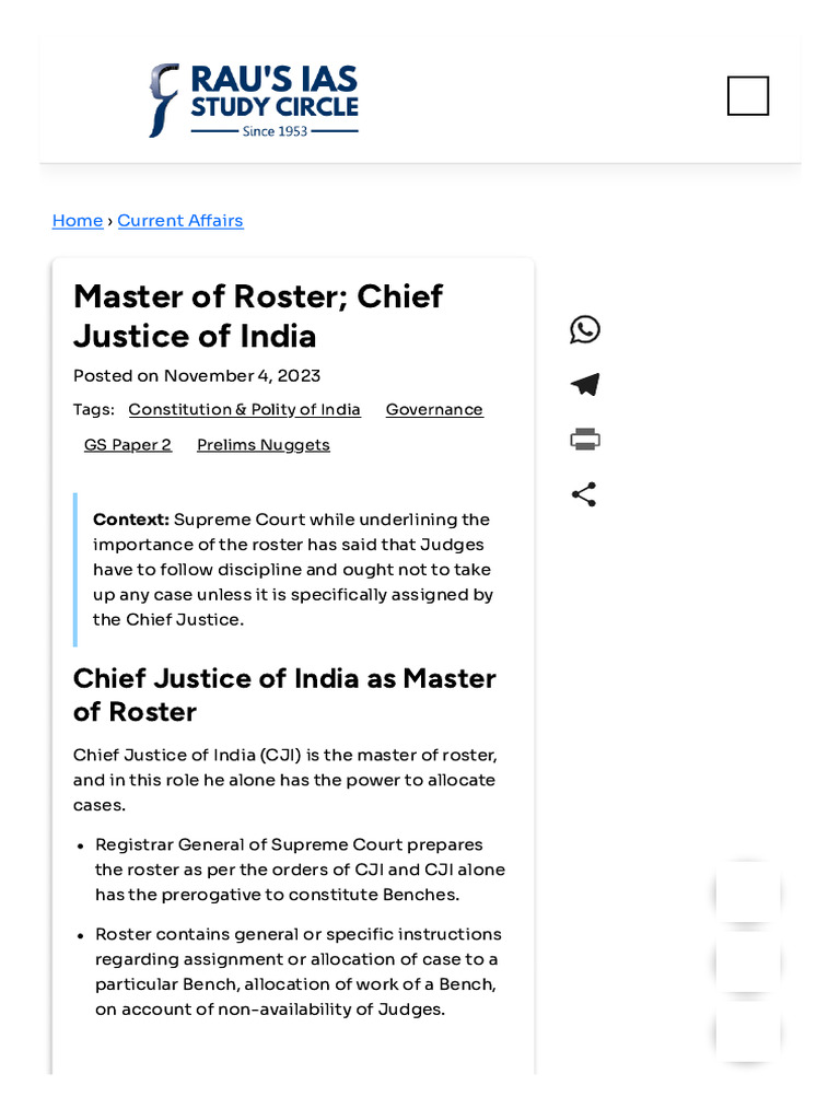 Master of Roster; Chief Justice of India - Rau's IAS | PDF | Supreme Court Of India | Judge