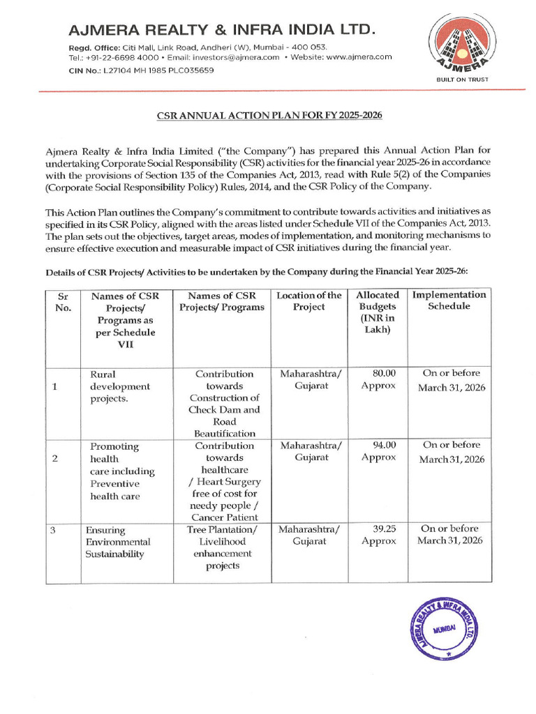 CSR Annual Action Plan 2025 26 | PDF