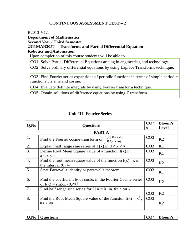 CAT - 2 3,4,5 Question Paper | PDF | Fourier Series | Mathematical Concepts