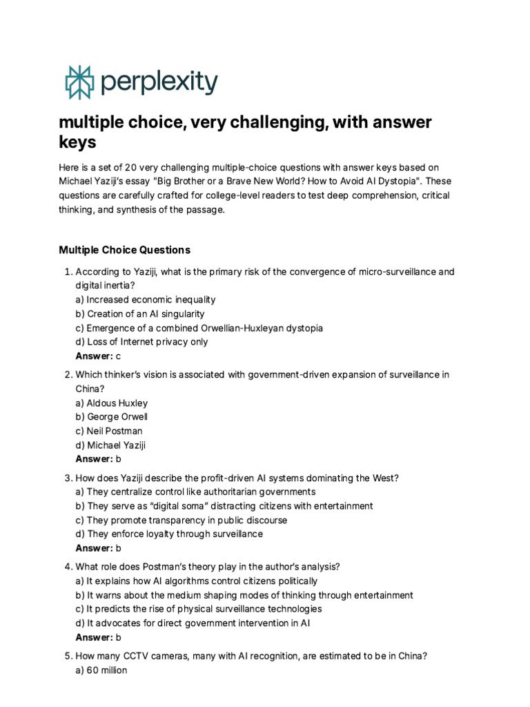 Multiple Choice, Very Challenging, With Answer Key | PDF | Artificial ...
