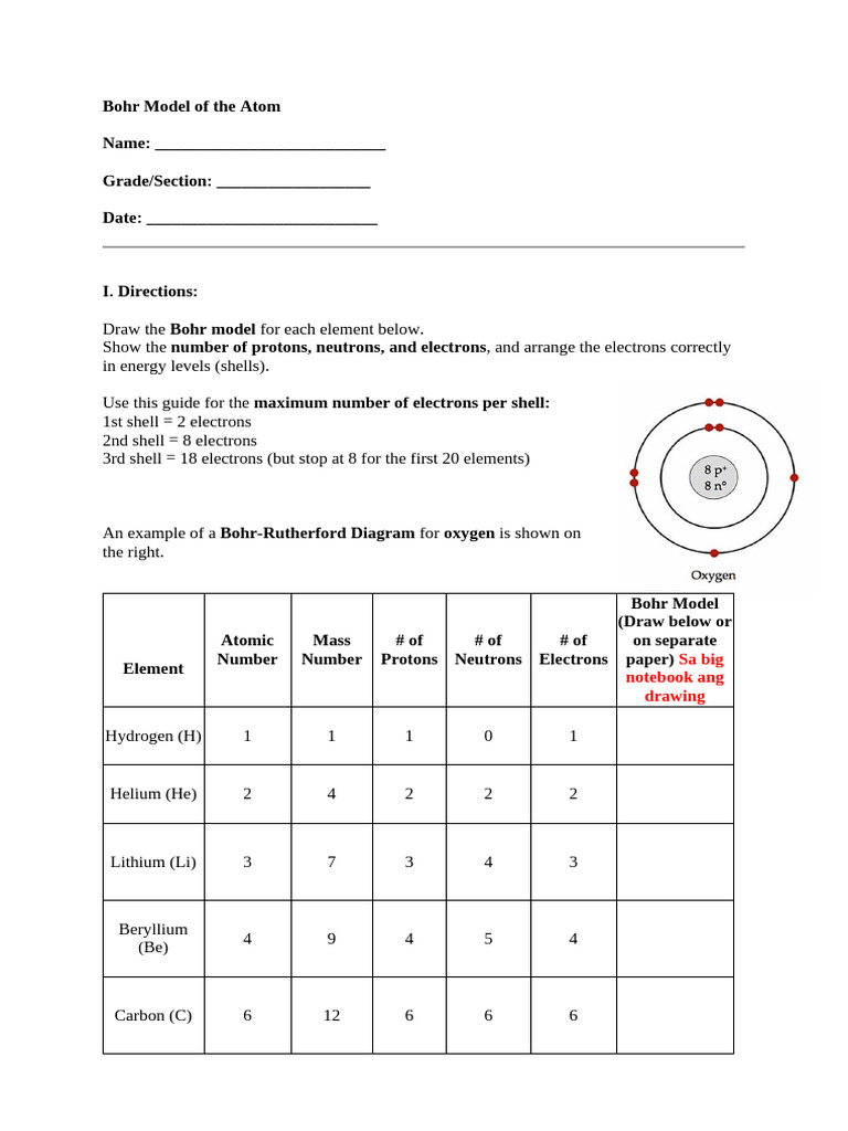 Bohr Model Atom Worksheet | PDF