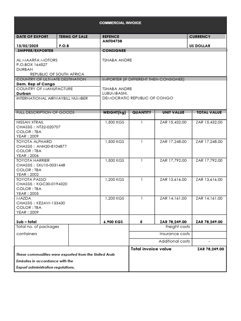 Commercial Invoice 19-03-2025 | PDF | Motor Vehicle | Land Vehicles