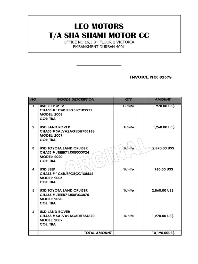 Commercial Invoice for Vehicle Sales | PDF