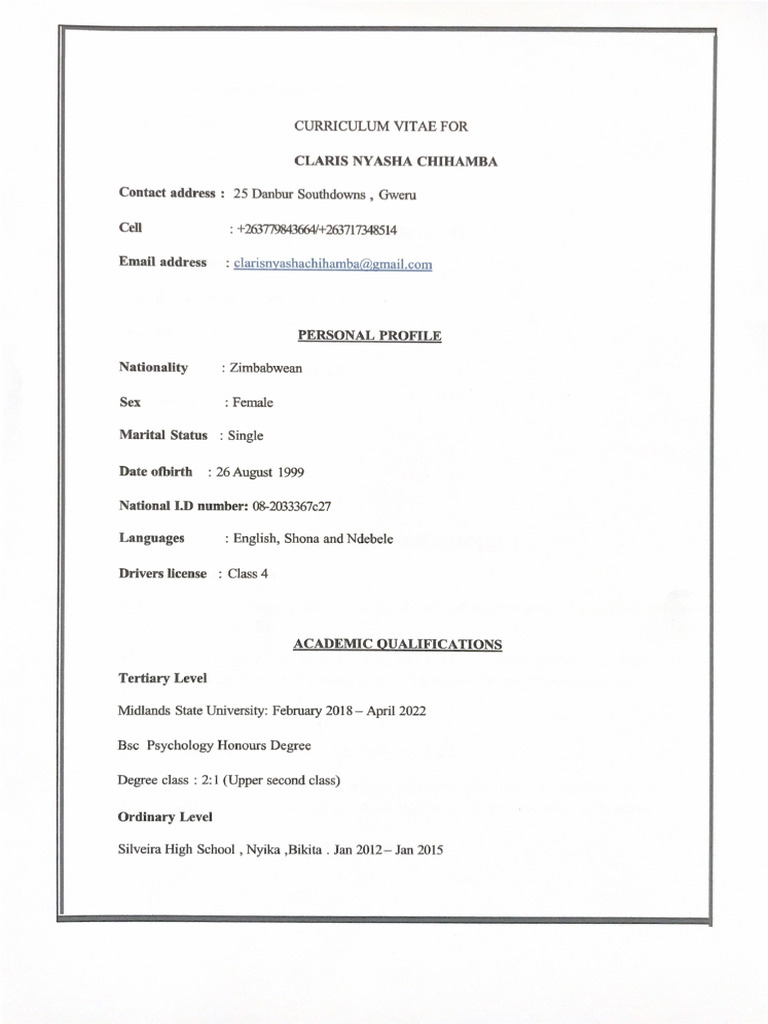 Cv Claris Nyasha Chihamba | PDF
