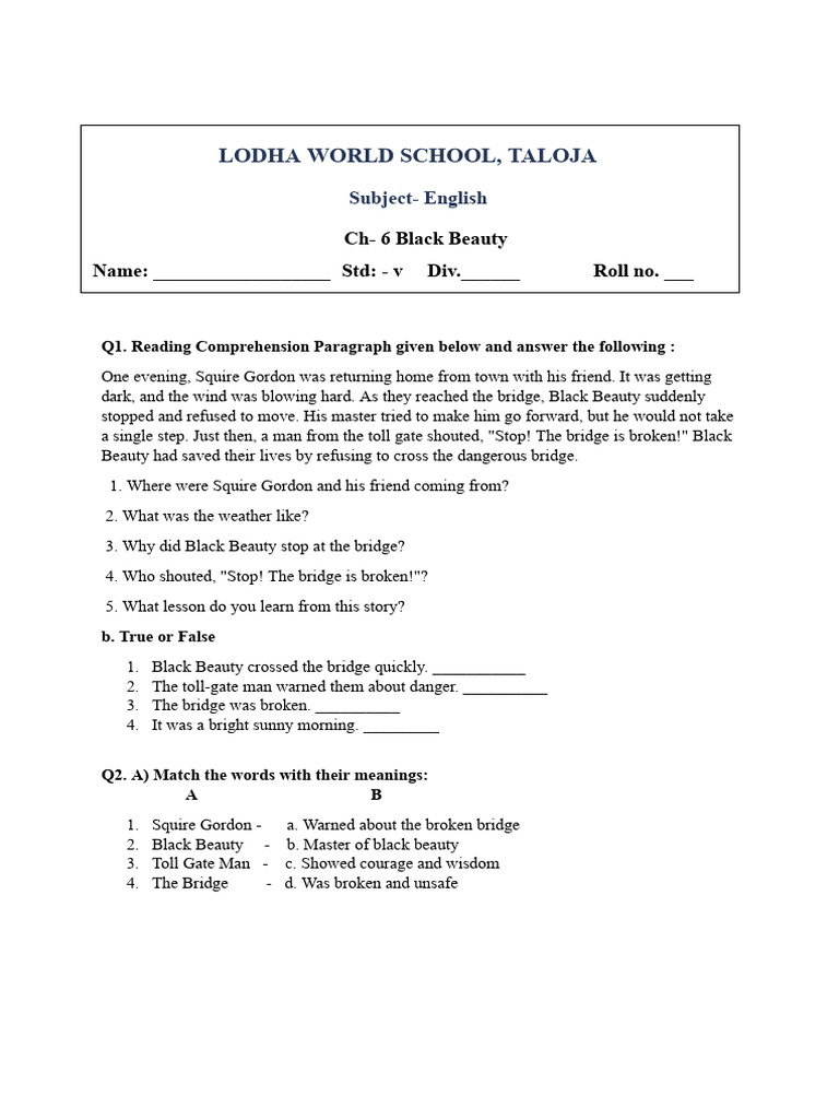 Black Beauty Reading Comprehension Quiz | PDF