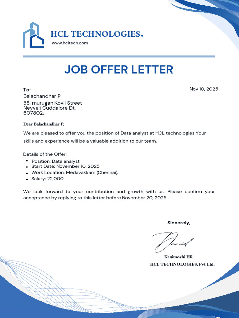 HCL Technologies Data Analyst Job Offer | PDF