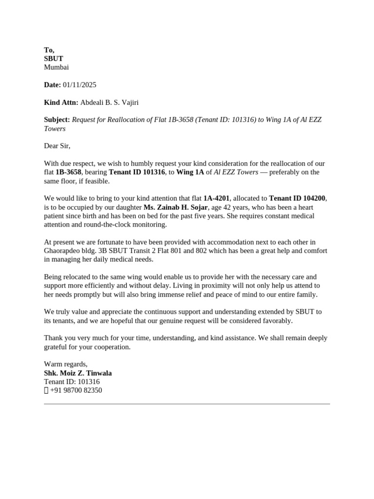 Request for Flat Reallocation at Al EZZ Towers | PDF