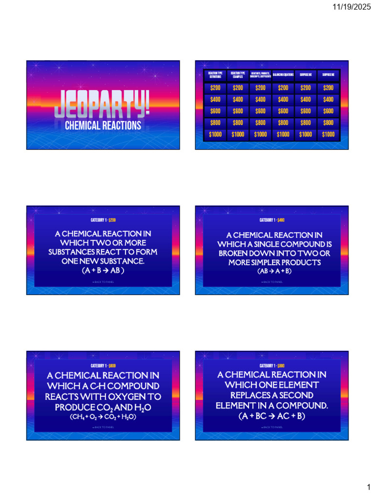 Chemical Reactions Jeopardy | PDF | Chemical Reactions | Chemical ...