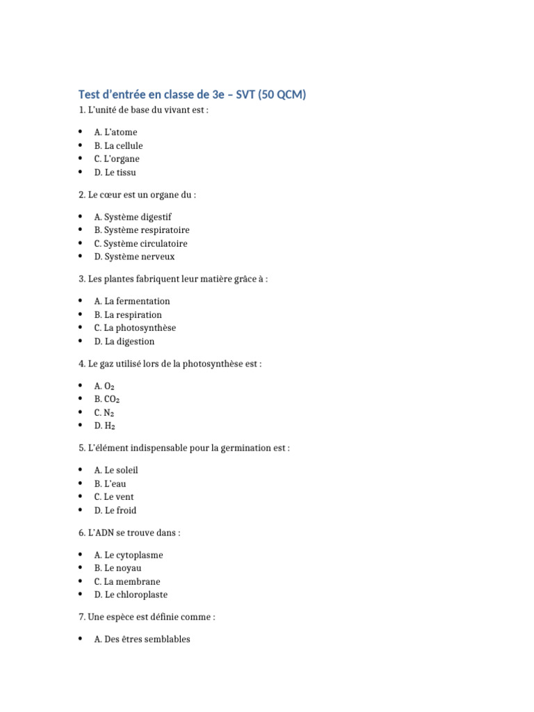Test SVT 3e : 50 QCM Corrigés | PDF | Sang | Bactérie