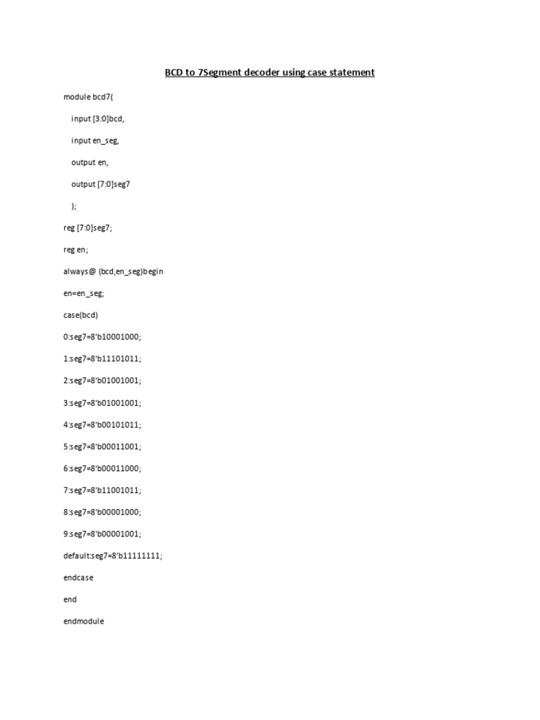 BCD to 7Segment Decoder Using Case Statement | PDF