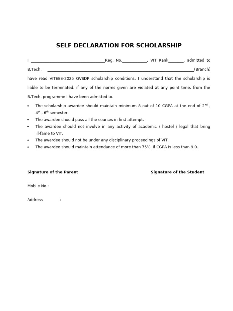 Self Declaration For Scholarship - 2025 | PDF