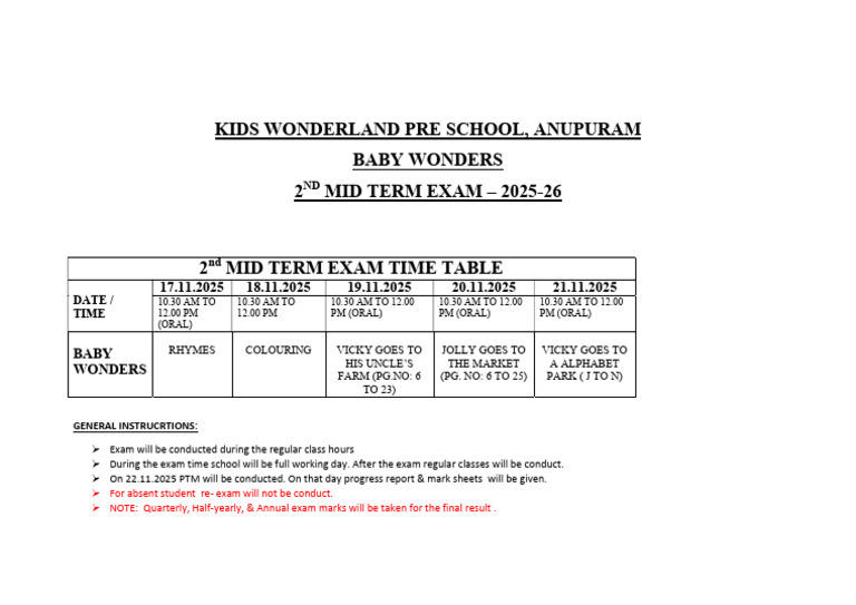 Baby Wonders Mid Term Exam Schedule 2025 | PDF