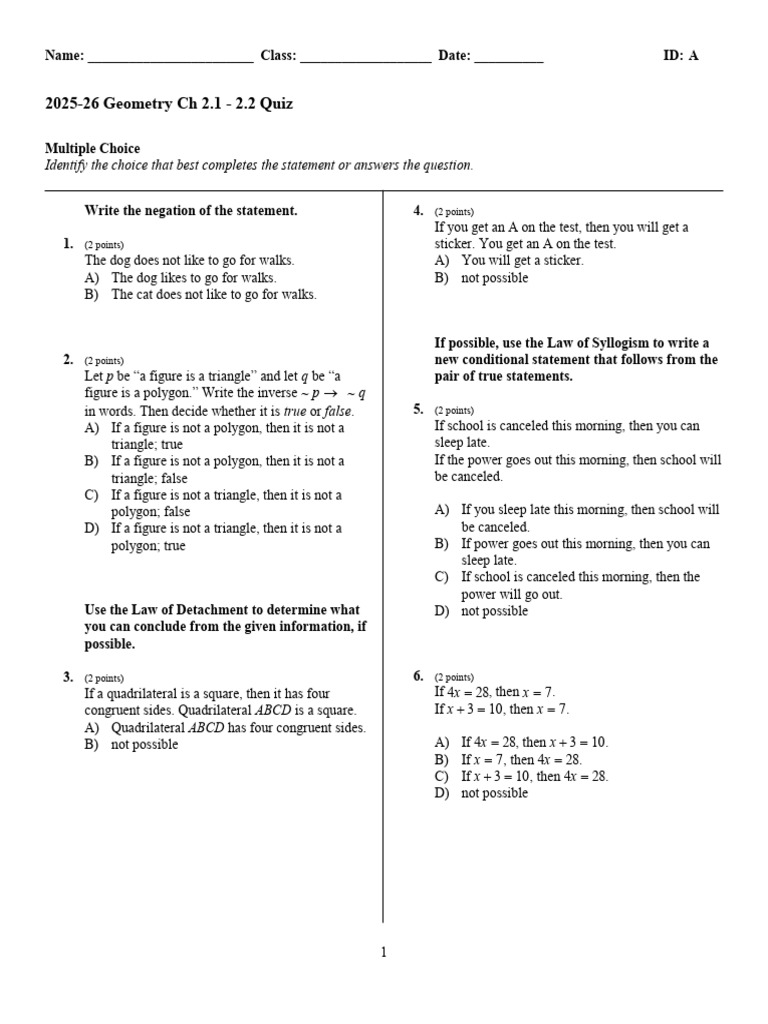 Print 2025-26 Geometry Ch 2.1 - 2.2 Quiz | PDF | Deductive Reasoning ...