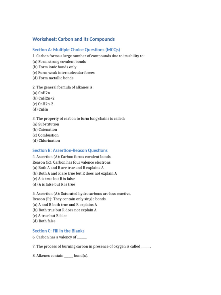 Carbon and Its Compounds Worksheet | PDF