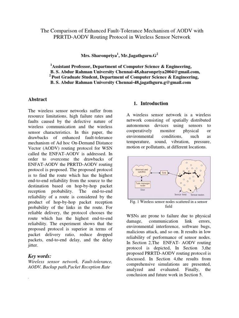 The Comparison of Enhanced Fault-Tolerance Mechanism of AODV With PRRTD-AODV Routing Protocol in ...