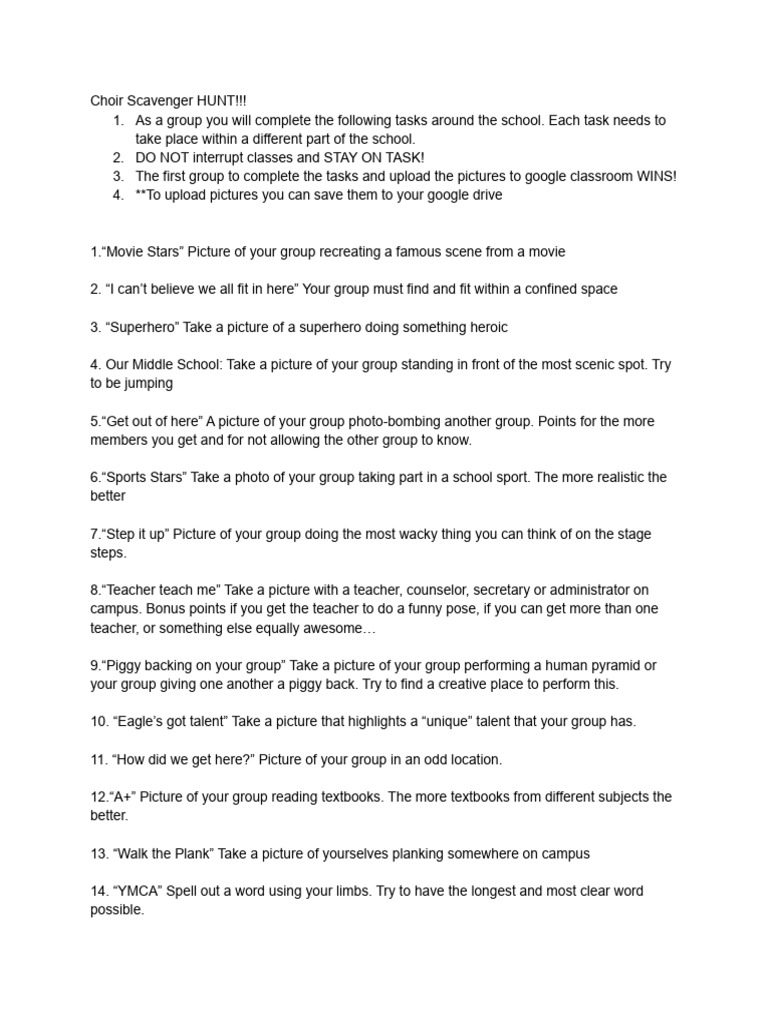 Fun Choir Scavenger Hunt Tasks | PDF