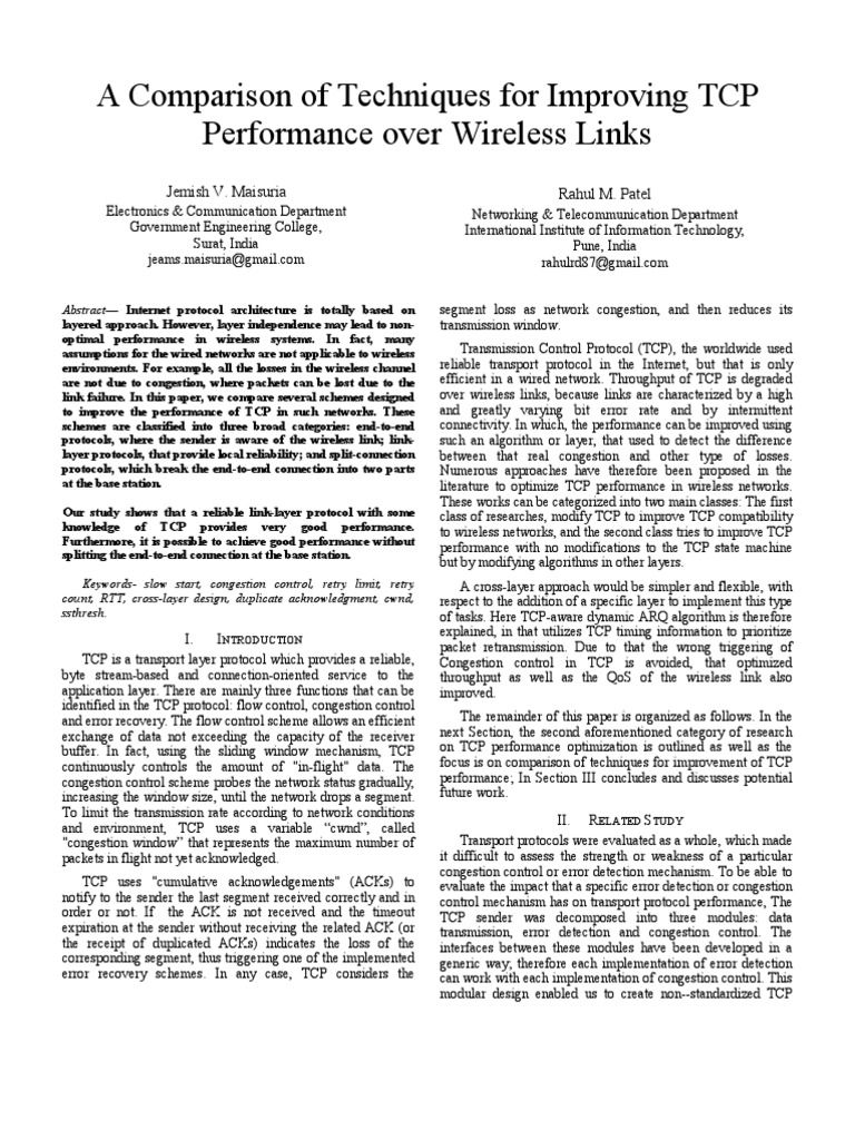 A Comparison Of Techniques For Improving Tcp Performance Over Wireless Links Pdf