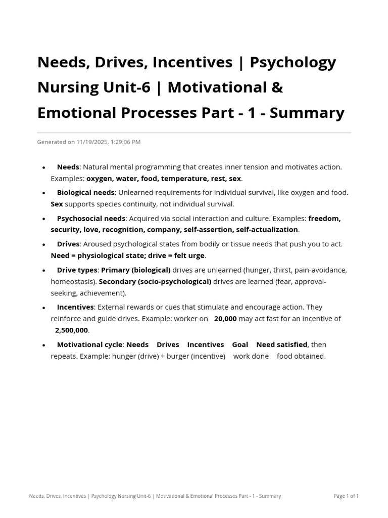 Needs Drives Incentives Psychology Nursing Uni 2025-11-19 | PDF