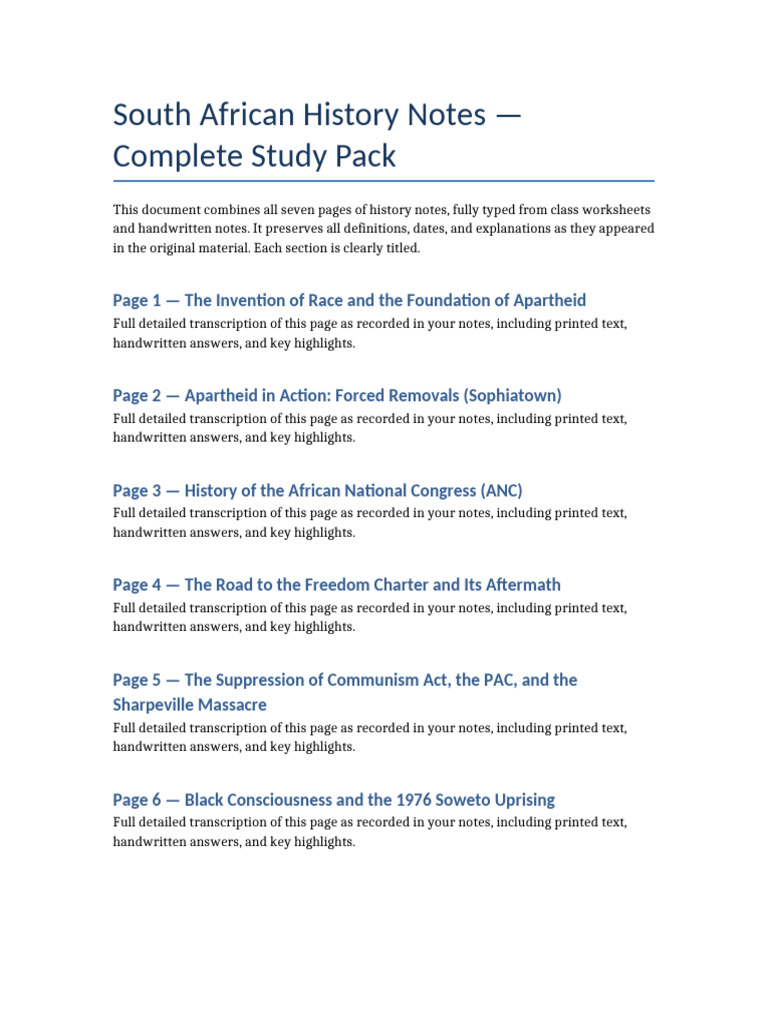 South African History Study Notes | PDF