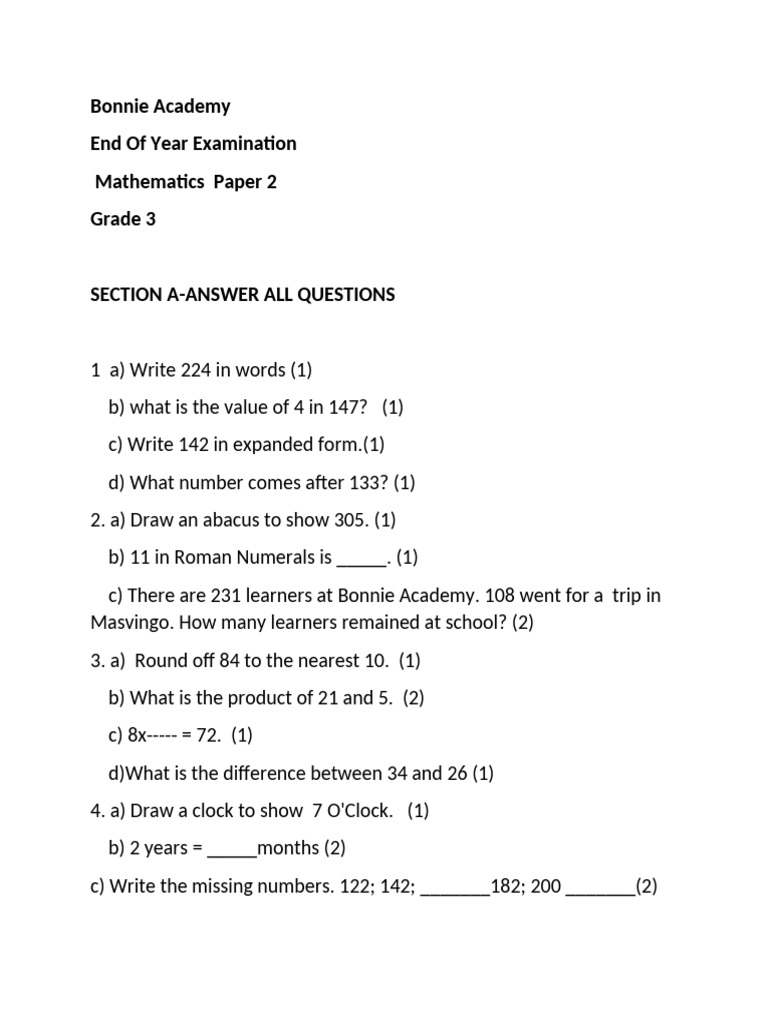 Grade 3 Mathematics Exam Paper | PDF